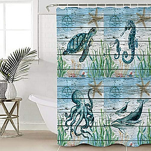 4 Pcs Shower Curtain Set with 12 Hooks Sea Turtle Octopus Whale Wood Grain Bathroom Sets with Non-Slip Bath Mat Toilet Lid Cover Waterproof Durable Shower Curtain and Rugs