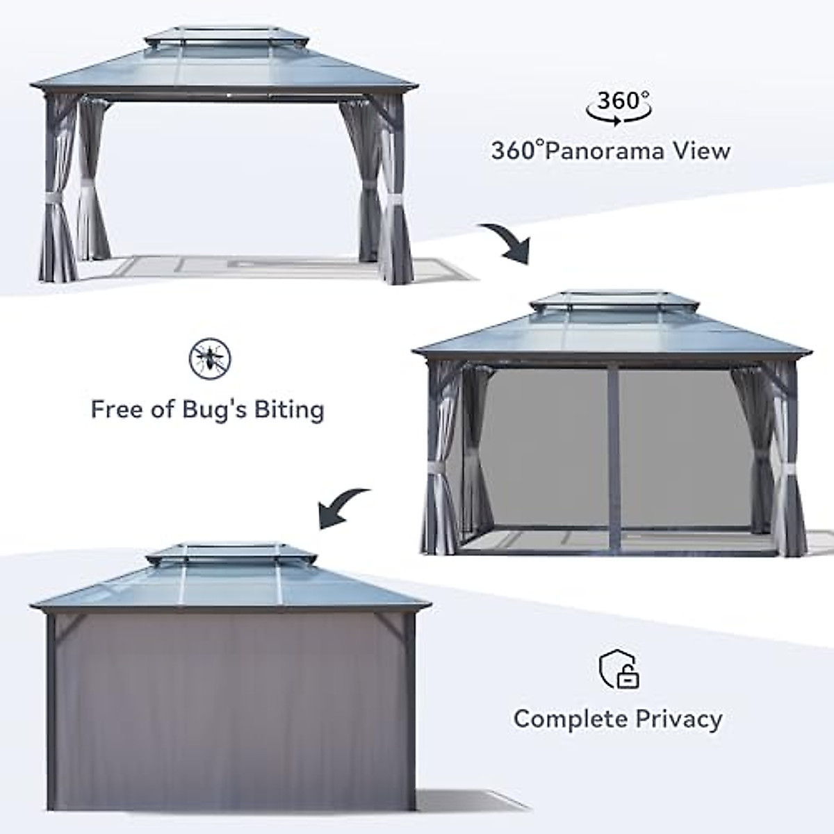 Joyside 10x13 ft Outdoor Hardtop Gazebo with Double-Tier Polycarbonate Roof, Aluminum Frame Gazebo with Netting and Curtain Included, Suitable for Lawn Backyard Patio