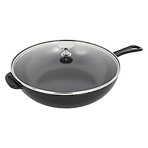 STAUB Cast Iron Pan with Lid 10-inch, 2.9 Quart Serves 2-3, Fry Pan, Cast Iron Skillet, Wok, Made in France, Matte Black