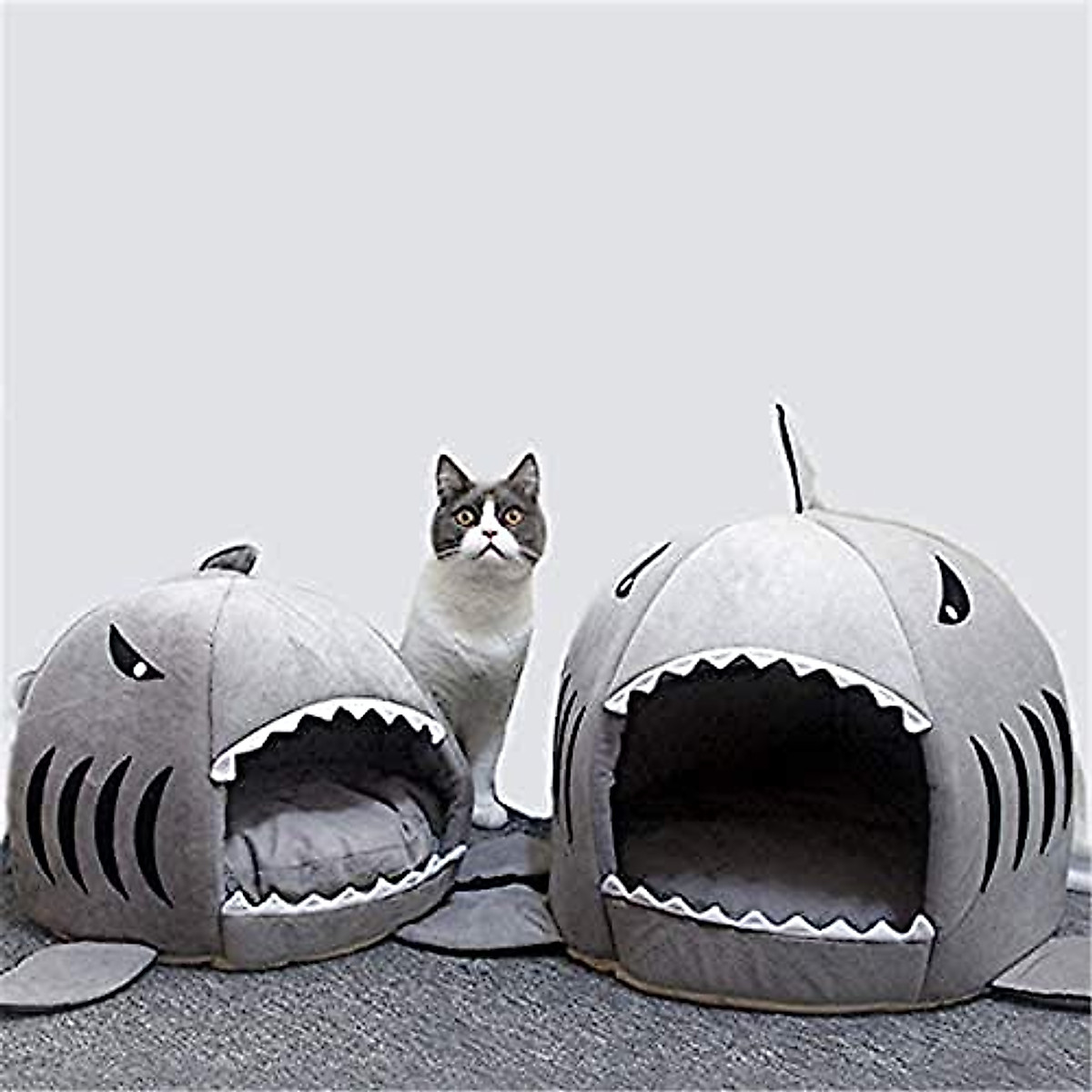 Shark-Shaped House Pet Bed with One Cushion and One Warm Kennels, Cat Bed Small Cat and Dog Cave Comfort Bed, Removable Pet Bed(Light Grey)
