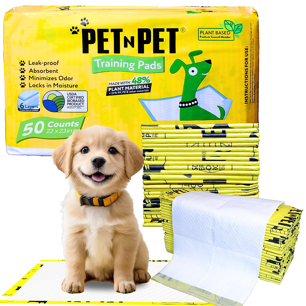 Pet N Pet Pee Pads for Dogs, 50 Counts Puppy Pads, 48% USDA Certified Plant Based Puppy Pee Pads, Unscented Dog Pad, Leak-Proof Training Pads for Dogs, Absorbent Dog Training Pads, Dog Pee Pads