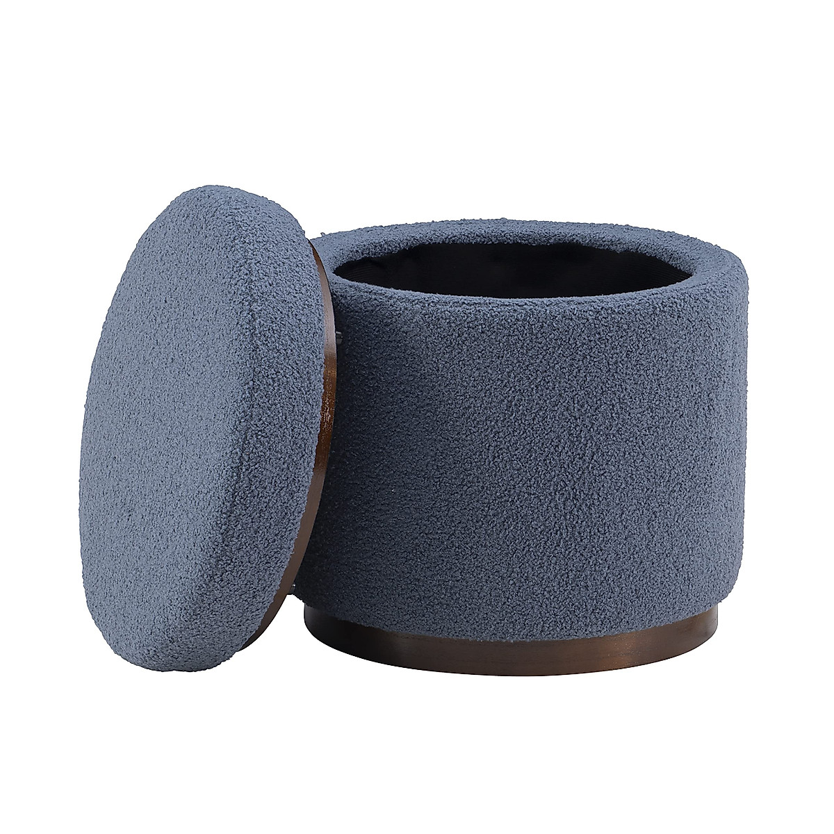 Linon Lexington Blue Sherpa Round Storage Ottoman with Wood Accent