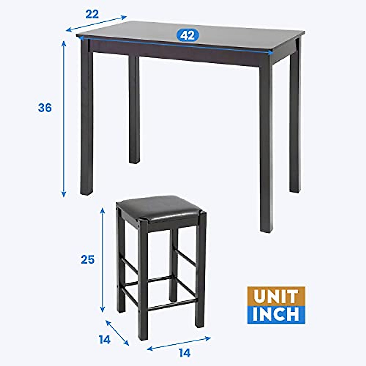 Dining Table Set for 2, Bar Table and Chairs Set, 3 Piece Kitchen Counter Height Table Set, Large Top Table w/Two Cushion PU Leather Bar Stools Dining Room Table Set for Small Spaces, Dark Brown