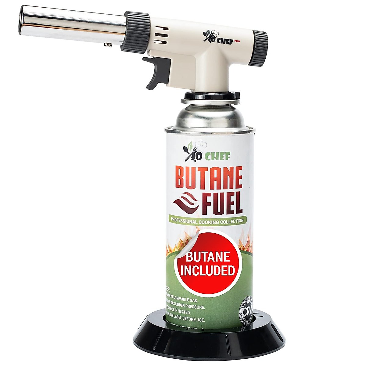Jo Chef Pro Butane Torch Lighter - Refillable Butane Torch Head, Hand Held, Small with Adjustable Flame - Culinary Blow Torch, Creme Brulee Torch, Baking, BBQ