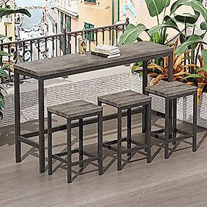 4-Piece Pub Table Set, Counter Height Extra Long Dining Table Set with 3 Stools, Pub Kitchen Set Side Table with Footrest, Wood Pub Bar Table Set Perfect for Breakfast Nook (Brown Gray, 1+3)
