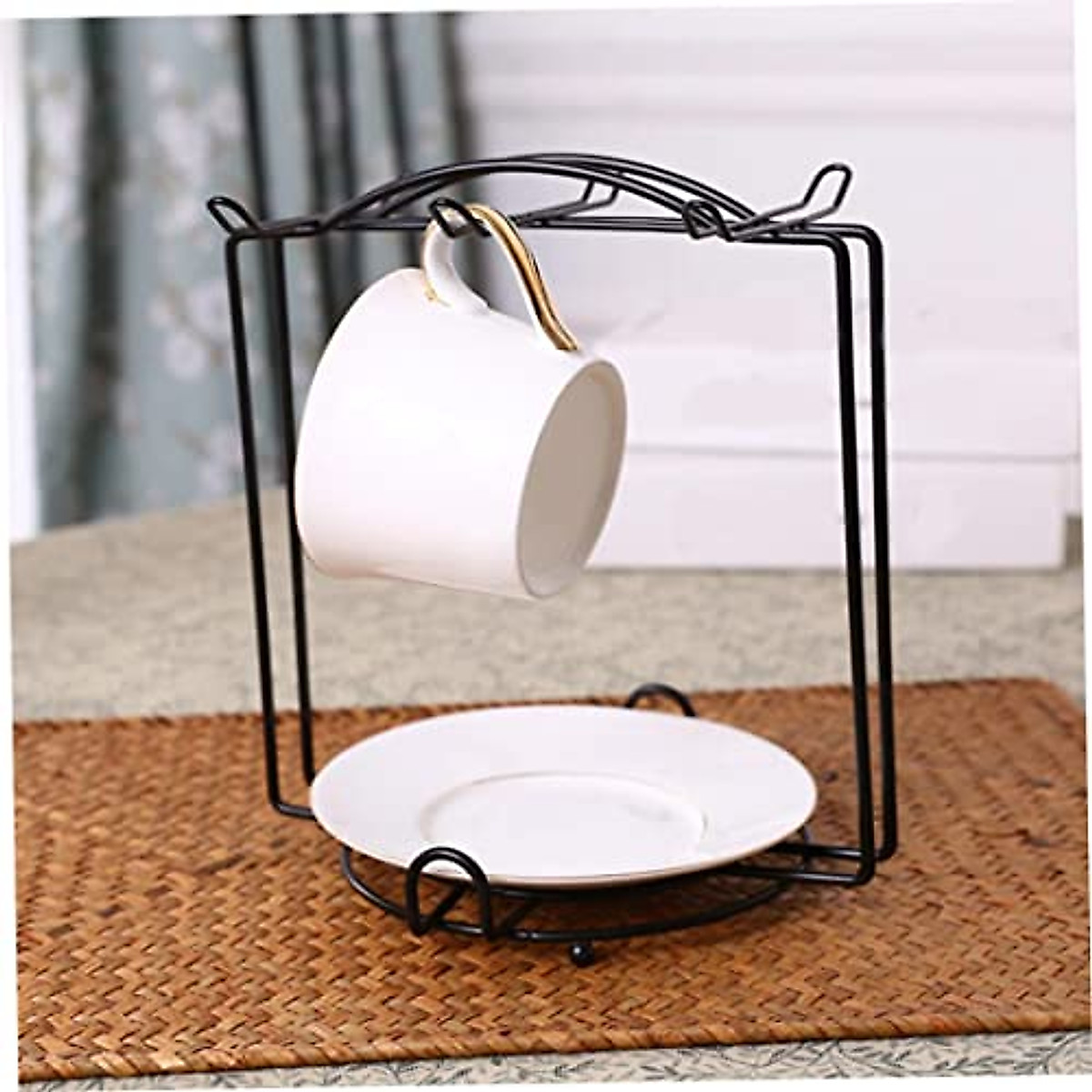 BUJIATANG 2 in 1 Tea Cup Holder Stand with Saucer Holder Stainless Steel Mug Tree Rack for 6 Mugs Metal Wire Coffee Cup Rack for Kitchen Black