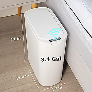 Bathroom Trash Cans with Lids, Sapouni Automatic Motion Sensor Trash Can 3.4 Gallon Smart Touchless Garbage Can Slim Plastic Narrow Rubbish Can for Bathroom, Bedroom, Kitchen, Living Room, Office