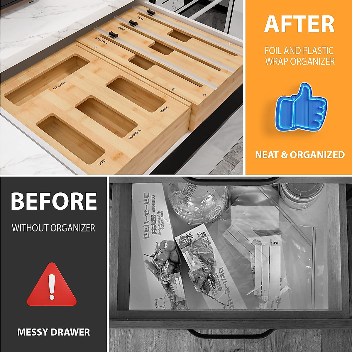 Oirboeus Ziplock Bag storage Organizer Foil and Plastic Wrap Organizer Dispenser with Cutter plastic bag organizer Organization and Storage for Kitchen Drawer Dispenser for Gallon Quart Snack Sandwich