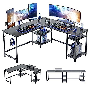 CubiCubi L Shaped Desk with Storage, 94.8 Inch Reversible Corner Computer Desk or 2 Person Long Table Desk, Home Office Large Gaming Writing Storage Workstation with Monitor Stand, Black