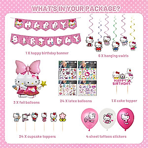 Kitty Birthday Party Supplies, Cute Kitten Party Favor Pink Party Decorations includes Happy Birthday Banner, Balloons, Cake Topper, Kitten Foils Balloons, Tattoos Stickers, Hanging Swirl