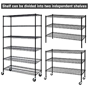 Dlewmsyic 6 Tier Storage Shelves, 5999 Lbs Capacity Metal Shelf with Wheels Height Adjustable NSF Certification 48" L×18" W×72" H Heavy Duty Wire Shelving Units for Garage Pantry Kitchen Rack, Black