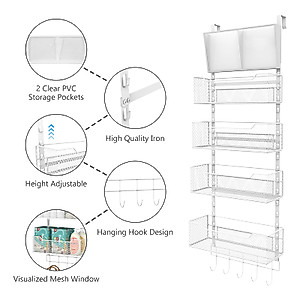 Hongtamoya Adjustable Over The Door Organizer, Hanging Door Storage with PVC Pocket and 4 Metal Baskets Wall Mount, Behind Door Rack for Bathroom Pantry Cabinet Bedroom Closet, White
