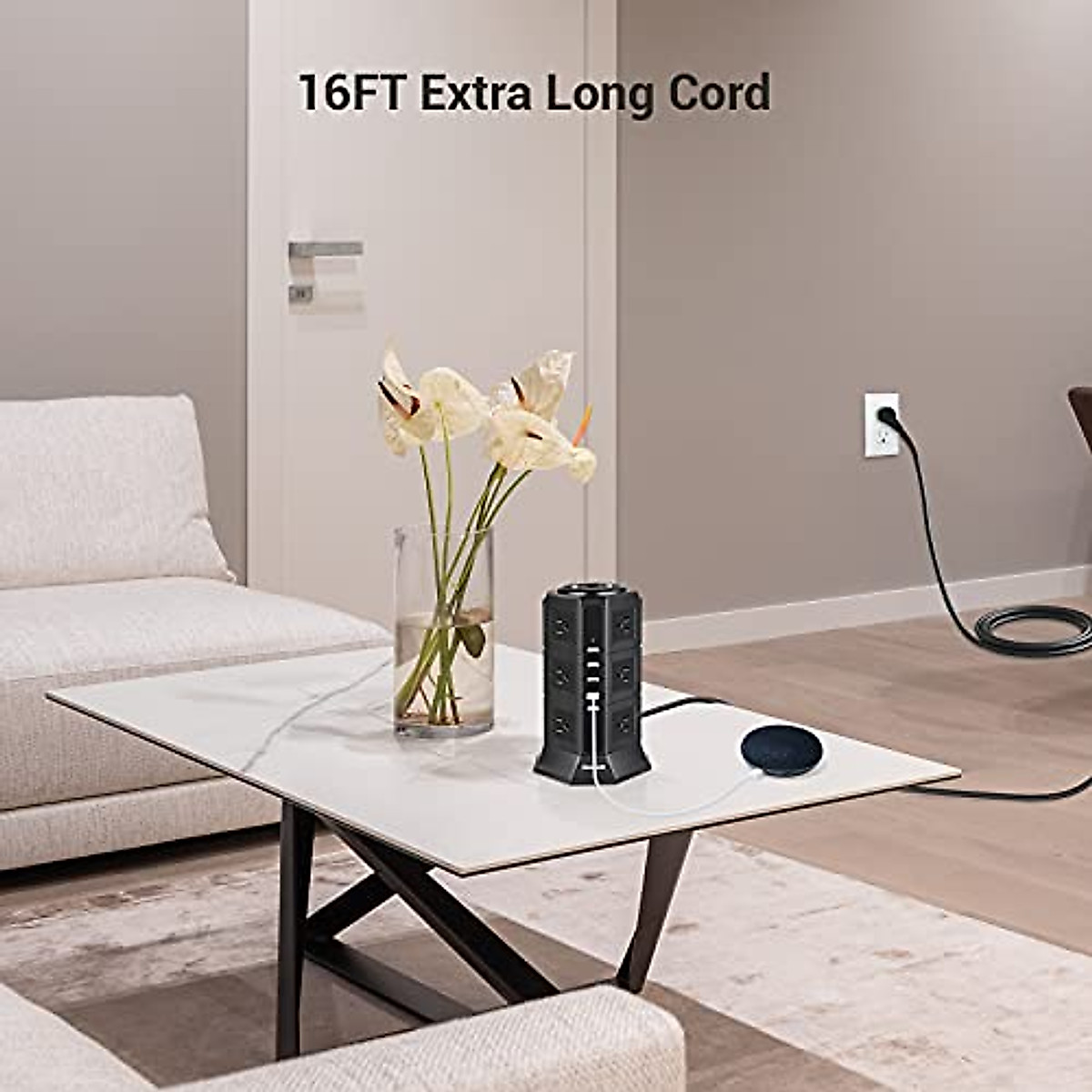 DEWENWILS16FT Power Strip Tower, 12-Outlet Surge Protector Power Strip with 5-USB Ports, 2-Switch Control, 15A Circuit Breaker, 1500Joules, Flat Plug Charging Station for Home, Office, ETL Listed