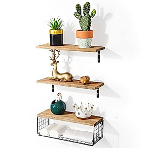 Set of 3 Floating Shelves with Paper Storage Basket Rustic Solid Wood Bathroom Shelves Farmhouse Wall Hanging Shelf Mounted Wall Decor for Living Room Kitchen Pantry Bedroom (Rustic Brown)