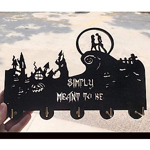 QianZhou-Uk Christmas Halloween Nightmare Decor Key Holder Wall Mounted Hooks for Decorative with 5 Black Metal Organizer Rack Hanger Entryway, Front Door, Hallway, 12X8.2inches (B)