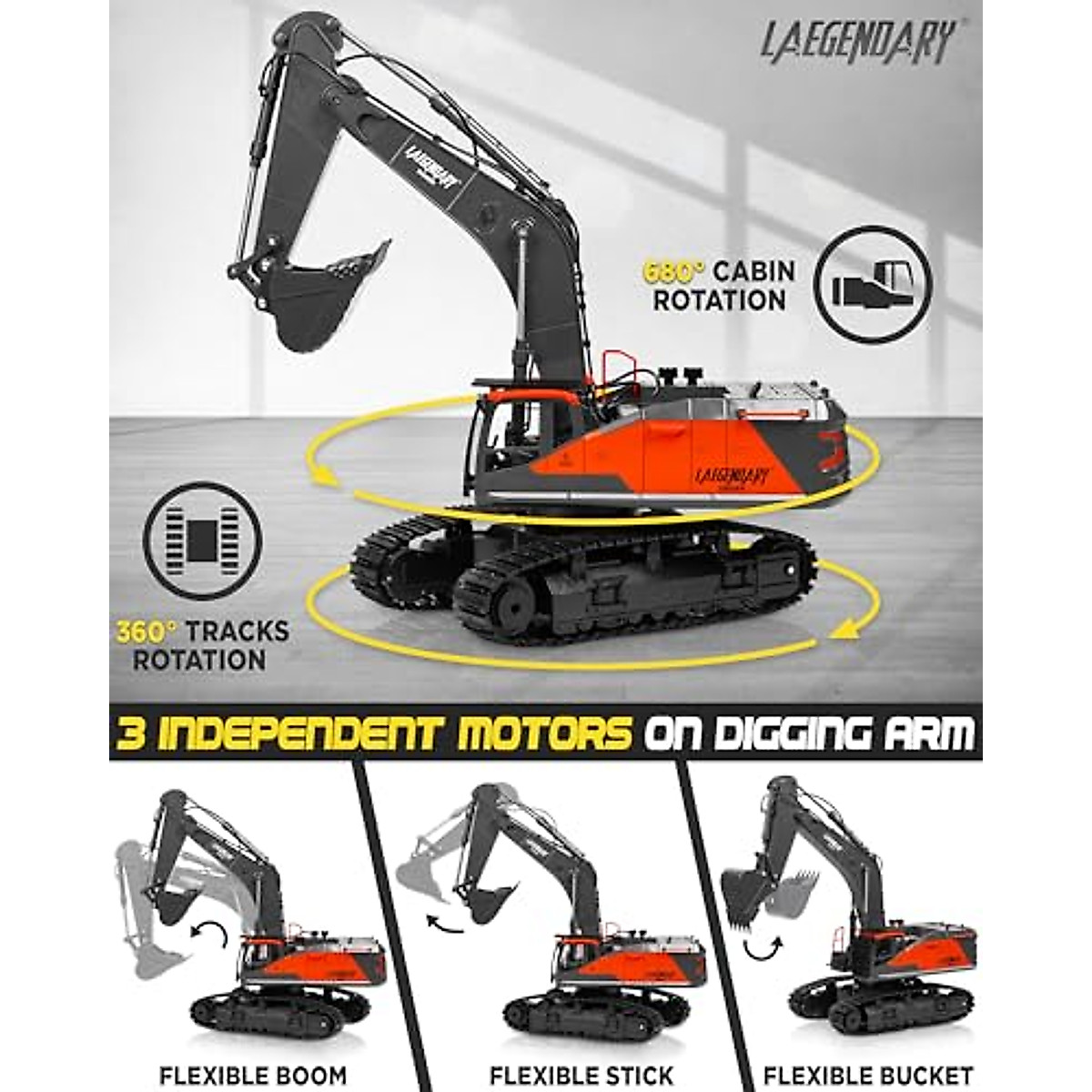 LAEGENDARY RC Excavator - Remote Control Excavator - Electric, Hobby-Grade Construction Vehicles - 1:14 Scale, Black - Red