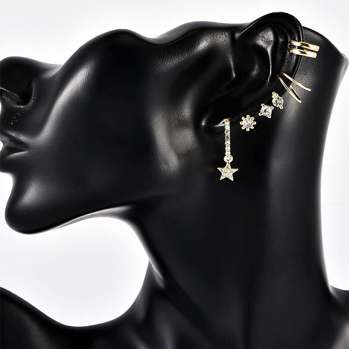 Missgrace 7 Pair Multiple Piercings Cute Big Hoop Elegant Rhinestones Earrings Set Vintage Star Earring Set Bohemian Earrings Stud Earrings Gold Punk Chain Earrings Set for Women (Style 3)