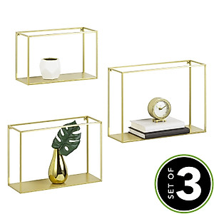 mDesign Floating Wall Mounted Frames, Decorative Steel Metal Geometric Rectangle Display for Photos, Plants, Nesting Cube Shadow Shelf Box for Living Room, Bedroom, Bathroom, Set of 3, Soft Brass