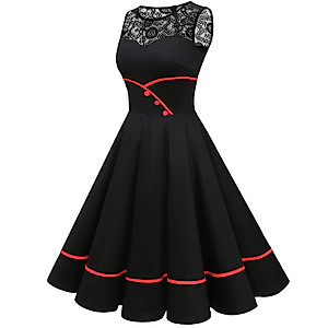 Bbonlinedress 50s Vintage Cocktail Semi Formal Homecoming Dress Swing Retro Black and Red Floral Lace Rockabilly Prom Tea Party Wedding Geust Dress Black S