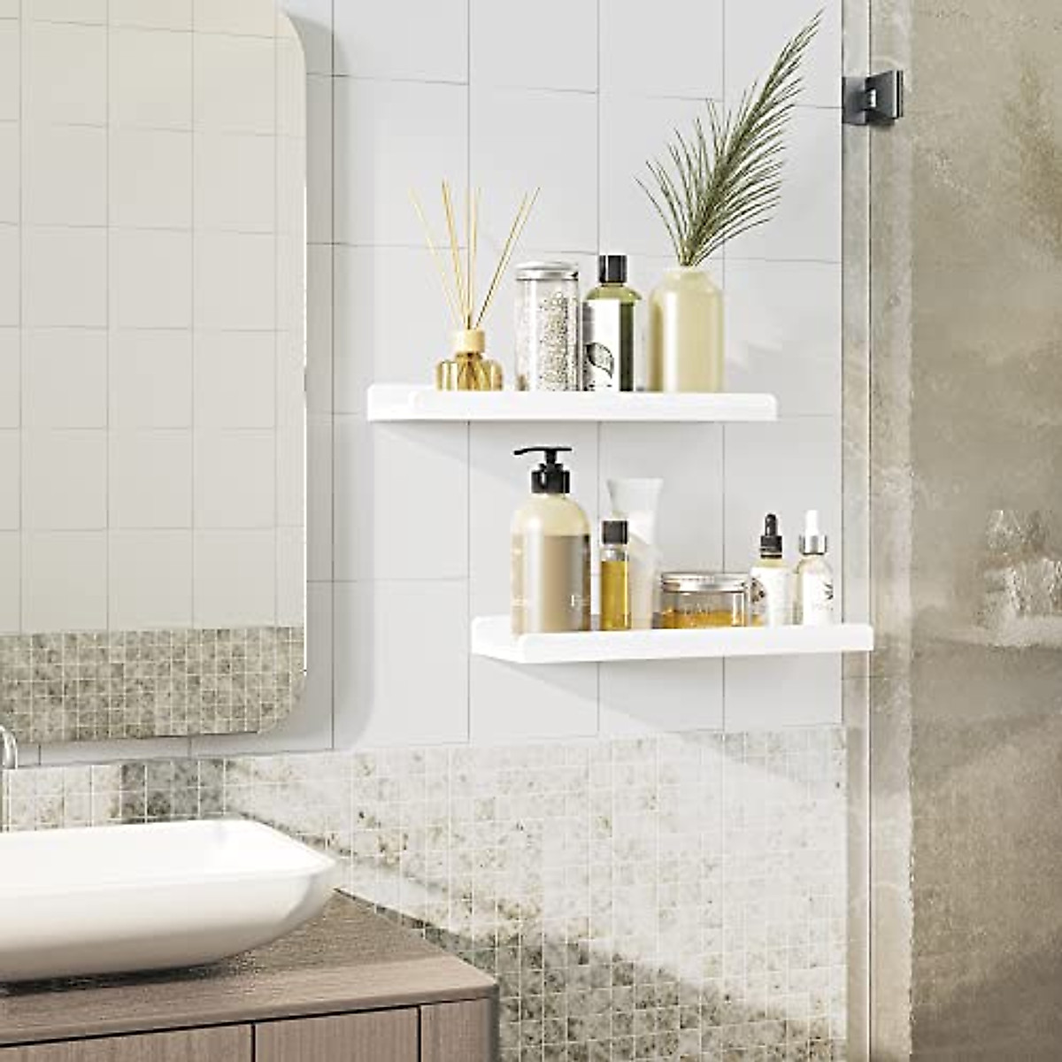 Love-KANKEI Floating Shelves Wall Mounted Set of 2, 17 Inch Rustic Wood Wall Shelves for Storage, Bedroom Living Room Bathroom Kitchen Office and More White