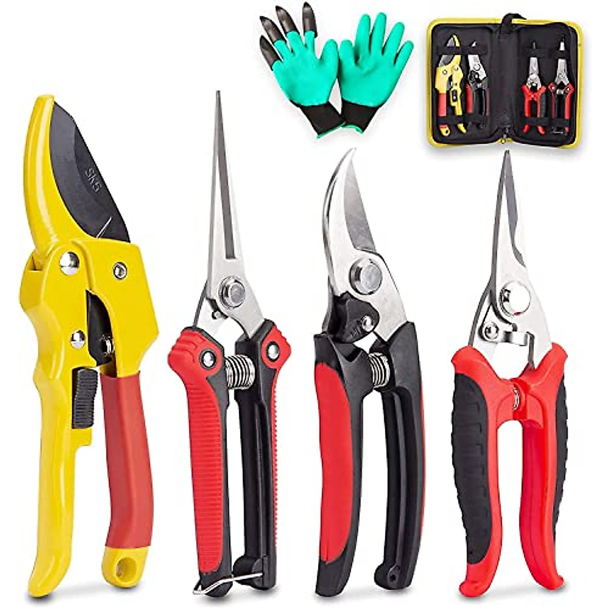 KOTTO 4 Pack Professional Bypass Pruning Shears, Stainless Steel Cutter Clippers, Sharp Hand Pruner Secateurs, Garden Trimmer Scissors Kit with Storage Bag and Protection Gloves