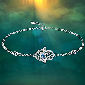 Hamsa Hand Evil Eye Bracelet for Women Sterling Silver Dainty Cute Crystal Round Blue Evil Eye Fatima Bracelets