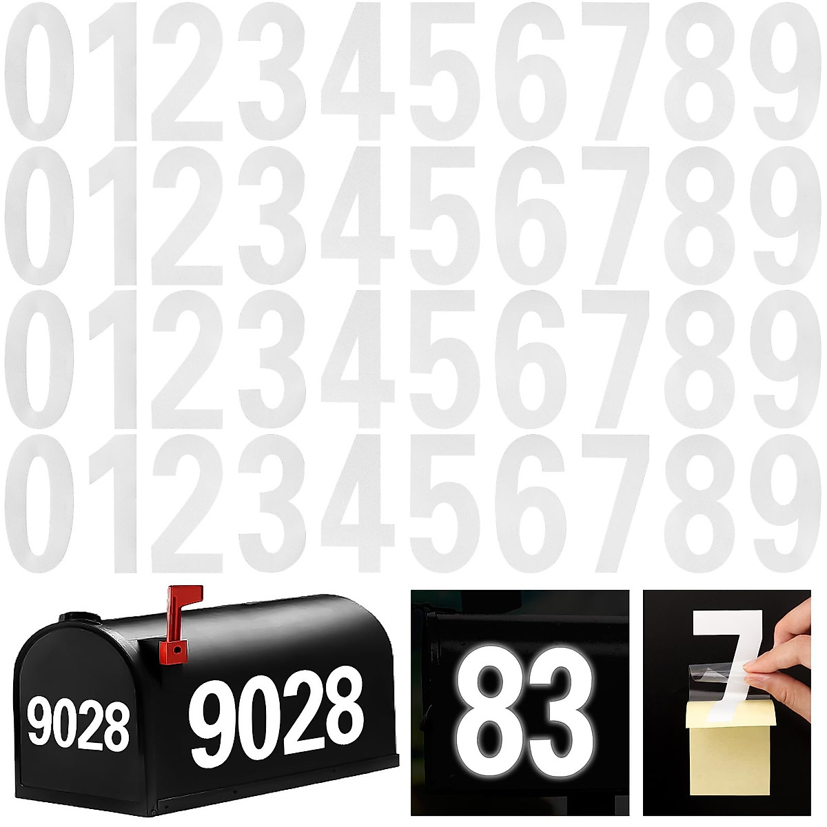 Reflective Mailbox Number for Outside, 4 Inch 4 Sets Vinyl Waterproof White Mailbox Numbers Stickers, Strong Self-adhesive House Adress Numbers for Mailbox Door Signs Trucks (Number 0-9)