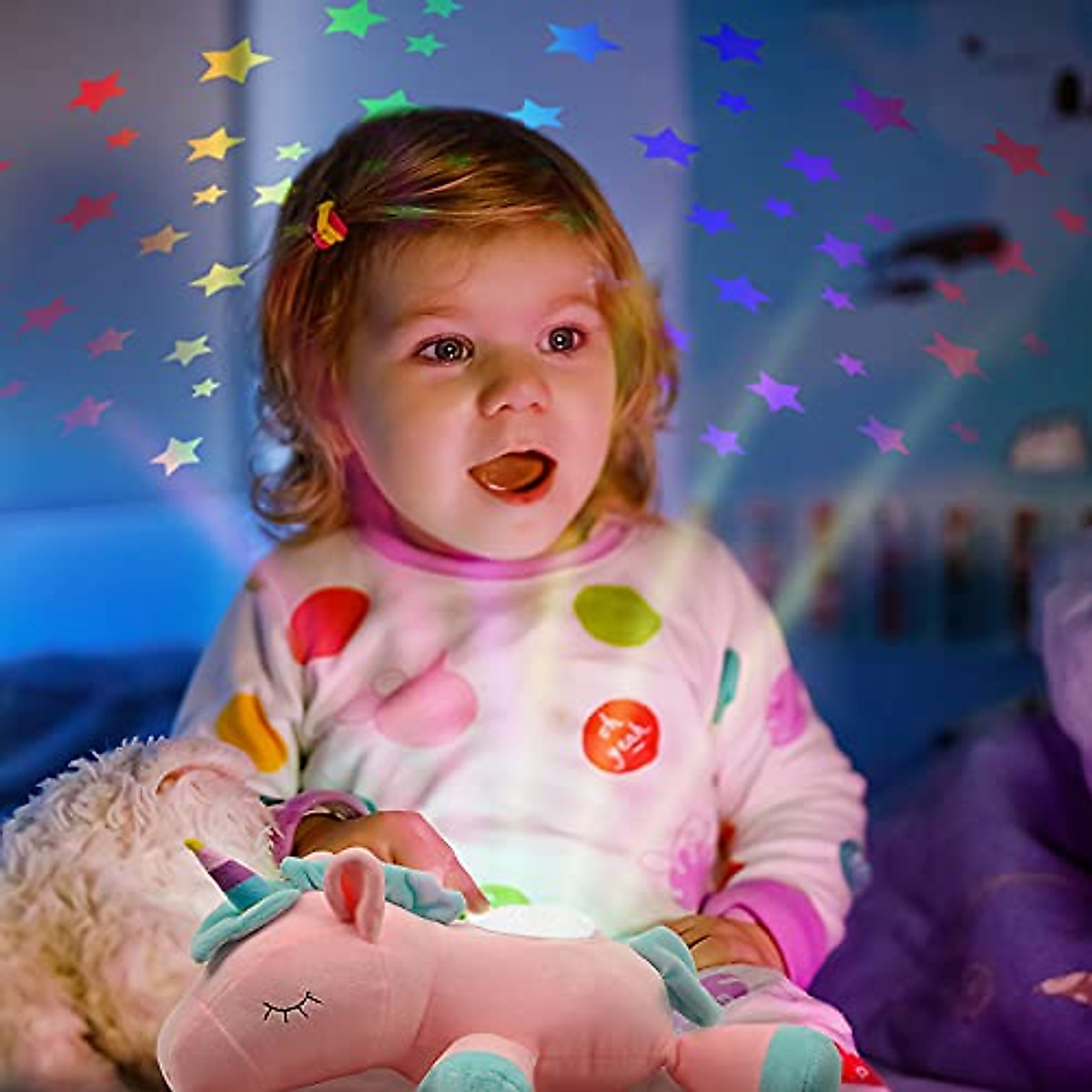 Linzy Toys Starry Night Baby Night Light with Projector with Soothing Sounds, Lullabies and White Noise Soother for Kids, Nursery Decor, Stuffed Animal Unicorn (57801), Pink
