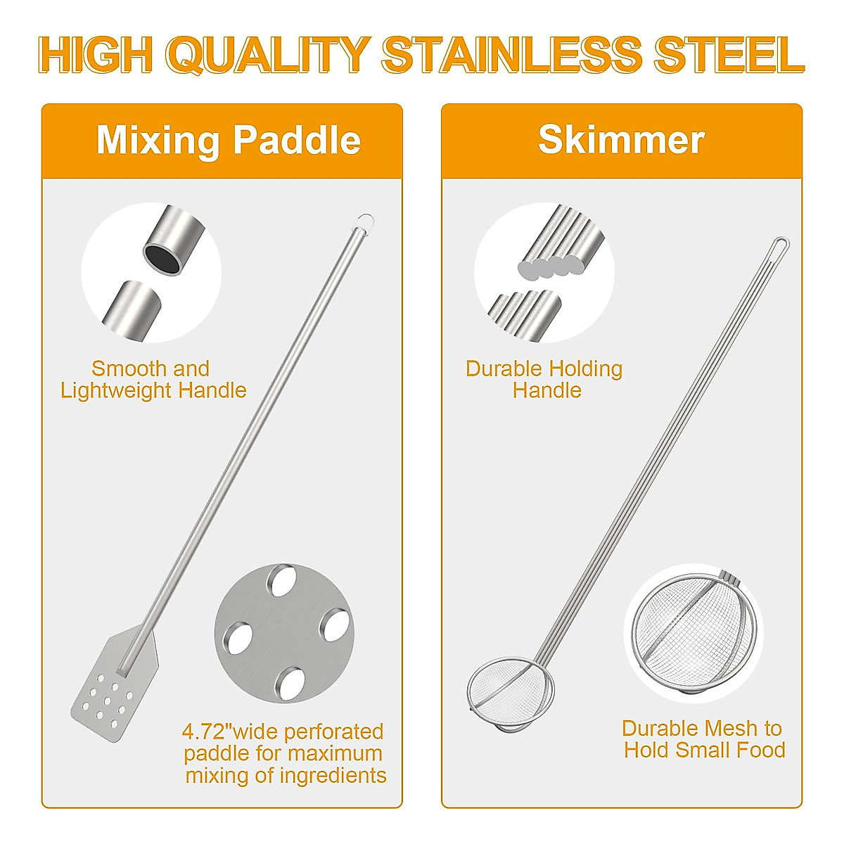 BBQ PLUS 42 Inch Crawfish/Crab Boil Mixing Stir Paddle and Wire Mesh Skimmer Spoon Fryer with Long Handle for Stockpots and Fry Pots,Large Stirring Paddle Skimmer Ladle Accessories