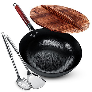 Homeries Wok Pan - 12.8" Woks and Stir Fry Pans, Carbon Steel Wok with Wooden Handle and Lid and 2 Spatulas - Non-Stick Flat Bottom Wok Frying Pan Suitable for Electric, Induction, and Gas Stoves