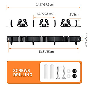 JAMEND CLXP Broom Hanger and Mop Holder, Heavy Duty Garden Tool Organizer Rack Rake and Shovel Handle, Stainless Steel Wall Mounted Utility Rack with Screws (3 Racks with 4 Hooks, Matte Black).