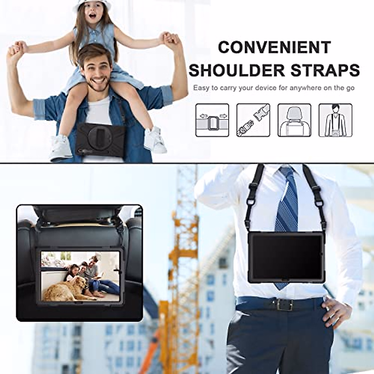 Gerutek Galaxy S7FE/S8 Plus/S7 Plus 12.4" Case 2022/2020, 3-Layer Shockproof Structure Samsung Galaxy S8+ /S7+ Tablet Case with Pen Holder, Rotatable Kickstand, Shoulder/Hand Strap, Black