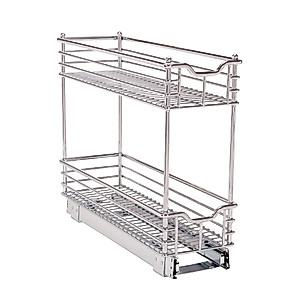 Household Essentials Narrow Sliding Cabinet Organizers (7" and 5"), Two Tier Chrome Organizers, Great for Slim Kitchen and Bathroom Cabinets