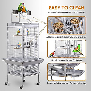 ZENY 61-inch Large Parrot Cockatiel Bird Cages with Wrought Iron Play Top, Aviary with Rolling Stand for Sun Parakeet Quaker Conure Lovebird Budgie Finch African Grey White Birdcage (White)