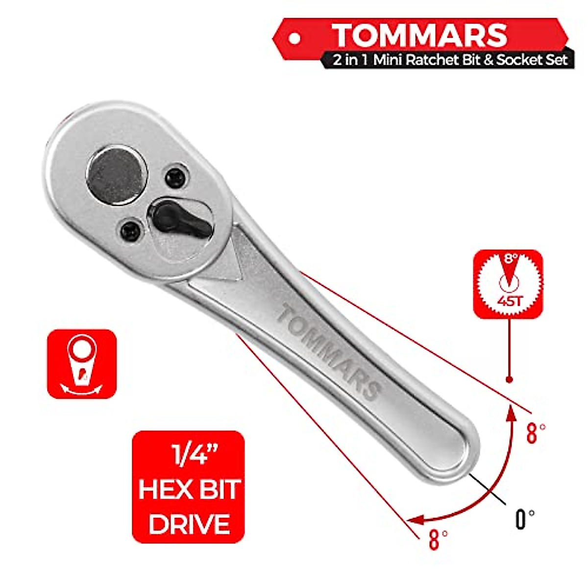 TOMMARS 58-Pc 1/4" Mini Ratchet Wrench Socket & Screwdriver Bits Set, Low Profile, 45 Teeth Gear, S2 and CR-V, 58PCS
