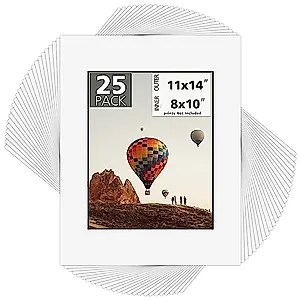MBC Mat Board Center, Pack of 25, 11x14 White Picture Mats with Black Core Bevel Cut for 8x10 Photos
