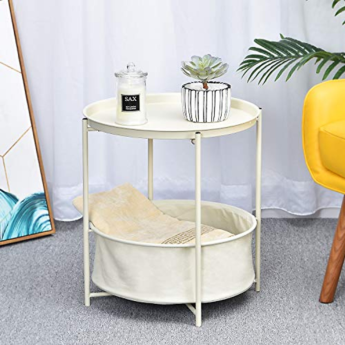 TOOLF End Table, Metal Nightstand, Sofa Side Snack Table, Coffee Round Table with Detachable Tray Top and Fabric Storage Basket, Scandi Style Table for Living Room Bedroom (Cream)