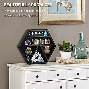 Unistyle Crystal Shelf Display Crescent Moon Shelf, Hexagon Crystal Holder for Stones, Essential Oils & Whichy Shelves Wood Crystal Wall Decor, Black Rustic Wooden Display for Boho Meditation Decor