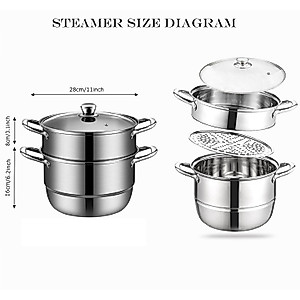 Steamer for Cooking, Food Grade Stainless Steel Steamer Pot, 11 inch Steam Pots with Glass Lid 2-tier for Cooking Vegetables, Seafood, Soups, Stews and Pasta Cooking Tool (28cm)