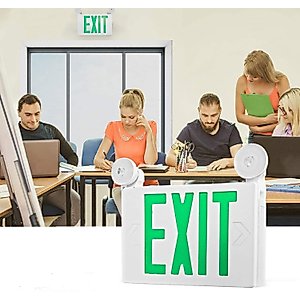 EXITLUX 1 Pack Green Led Exit Sign with Emergency Lighting Battery Backp -Two LED Adjustable Head -120V/277V-UL Listed-Exit Lighting -Dual LED Lamp ABS Fire Resistance for Power Failure.