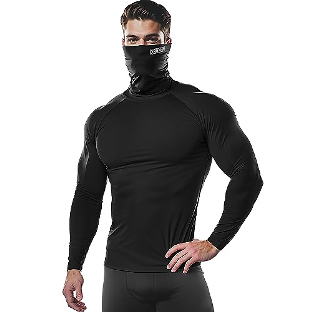 DRSKIN 2 Pack Men's MASK Turtleneck Compression Shirts Top Long Sleeve Thermal Sports Baselayer Running Athletic Workout (Turtleneck SB01 2P, L)