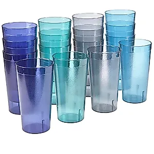 US Acrylic Café 20-ounce Plastic Restaurant Style Lightweight Stackable Beverage Tumblers | Reusable, BPA-free, Made in the USA, Top-rack Dishwasher Safe | Water Cups set of 16 in 4 Coastal Colors