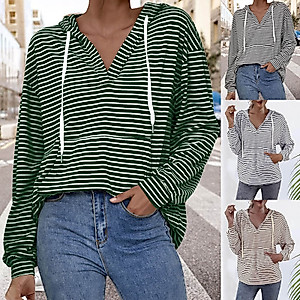 KHIIen Women's Casual Stripe Print Hoodies Tops Long Sleeve Drawstring Pullover Sweatshirts with Pocket