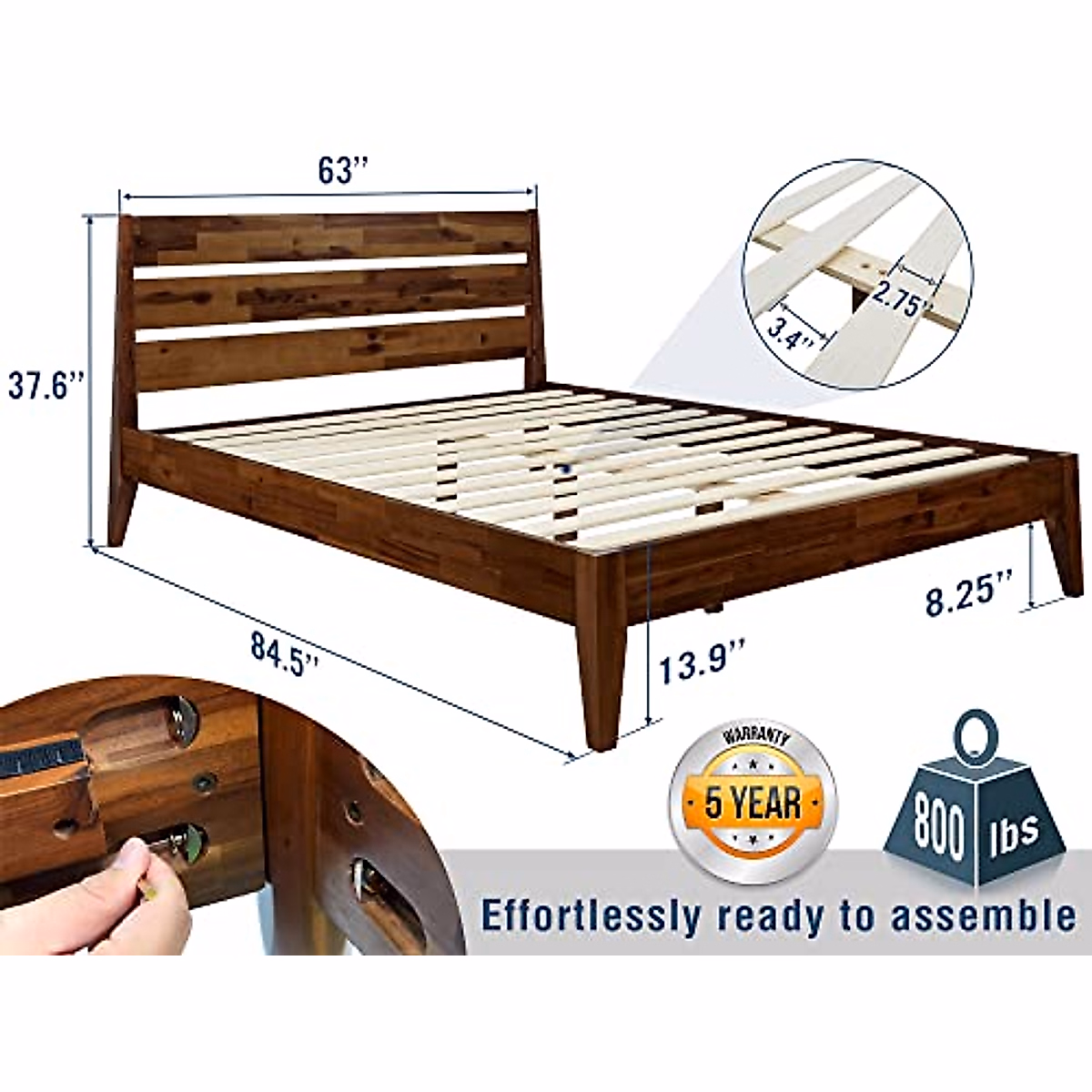 Acacia Emery 14 Inch Wood Platform Bed Frame V1 (Chocolate, Queen)