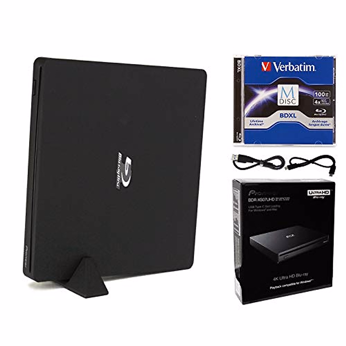 Pioneer BDR-XS07UHD Portable 6x Ultra HD 4K Blu-ray Burner External Drive Bundle with Cyberlink Software Download Installation Code, 100GB M-DISC BDXL and USB Cable - Burns CD DVD BD DL BDXL Discs