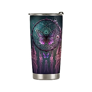 20oz Purple Dreamcatcher Butterfly Tumbler Cup, Insulated Travel Cup with Lid, Coffee Thermos for Women, Gifts for Women, Birthday Gifts for Mom, Daughter, Sister, Friends, Girlfriends, Coworker
