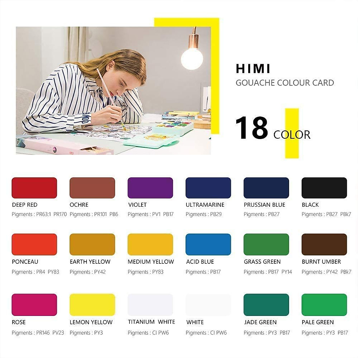 HIMI Gouache Paint Set, 18 Colors x 30ml with a Palette & a Carrying Case, Unique Jelly Cup Design, Miya Guache Paint on Canvas Watercolor Paper - Perfect for Beginners, Students, Artists(Green Case)