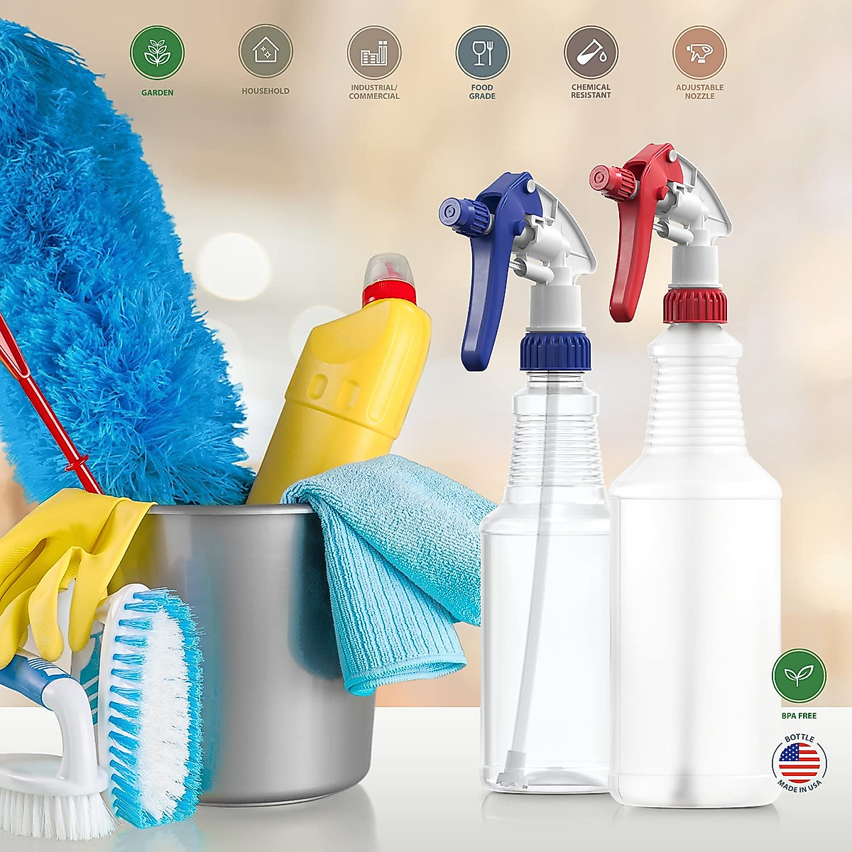 Bar5F Empty Plastic Spray Bottles 16 oz, BPA-Free Food Grade, Crystal Clear PETE1, Red/White M-Series Fully Adjustable Sprayer (Pack of 2)