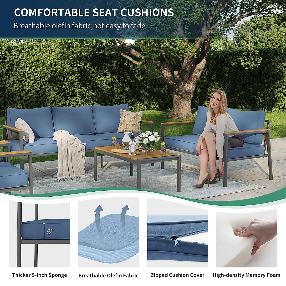 Amopatio Aluminum Patio Furniture Sofa,All-Weather Metal Outdoor Sofa,Modern 3-Seat Couch with Waterproof Covers,Blue (ONLY 3-SEAT Sofa)