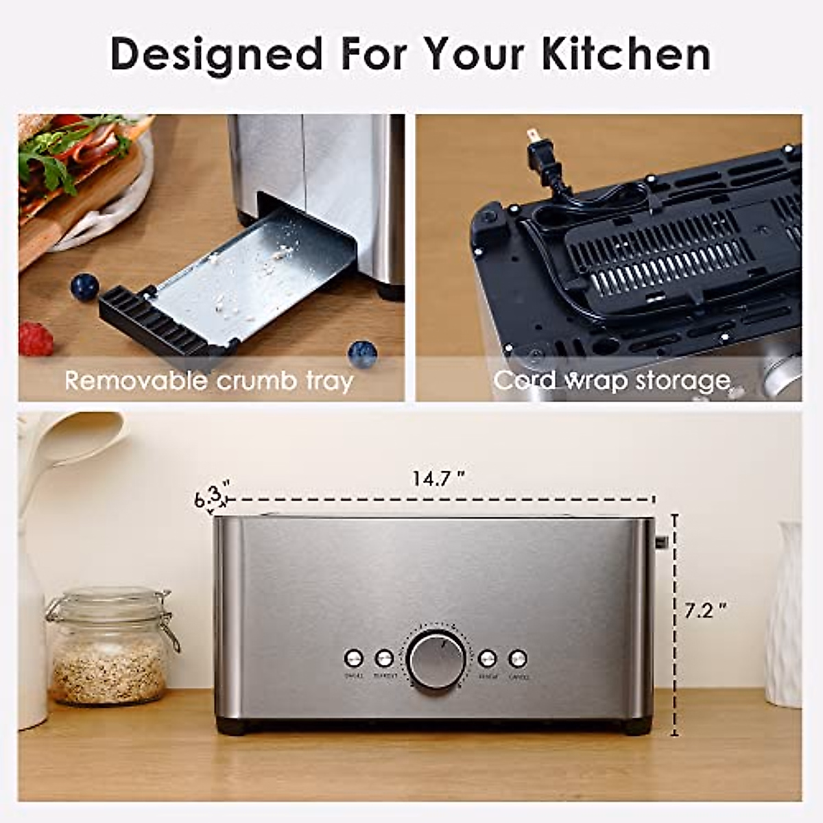 REDMOND Toaster 4 Slice, Stainless Steel Toaster With Bagel, Defrost, Reheat Function, Extra Wide Slots Long Slot Toaster, 6 Browning Settings and Removable Crumb Tray, Silver